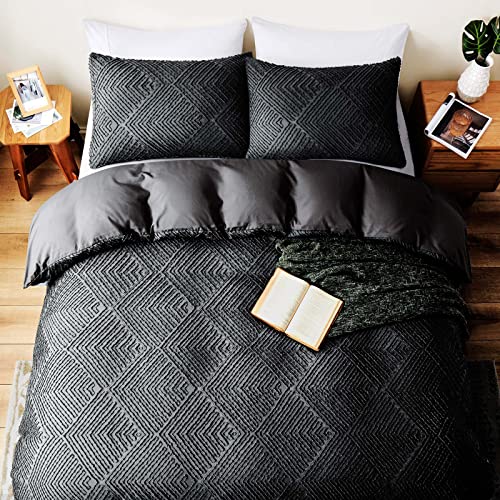 Gracelife Tufted Duvet Cover King Size, 3 Pieces Black Microfiber Duvet Cover Set, Embroidery Shabby Chic Bedding Duvet Covers with Zipper Closure, Corner Ties, All Season