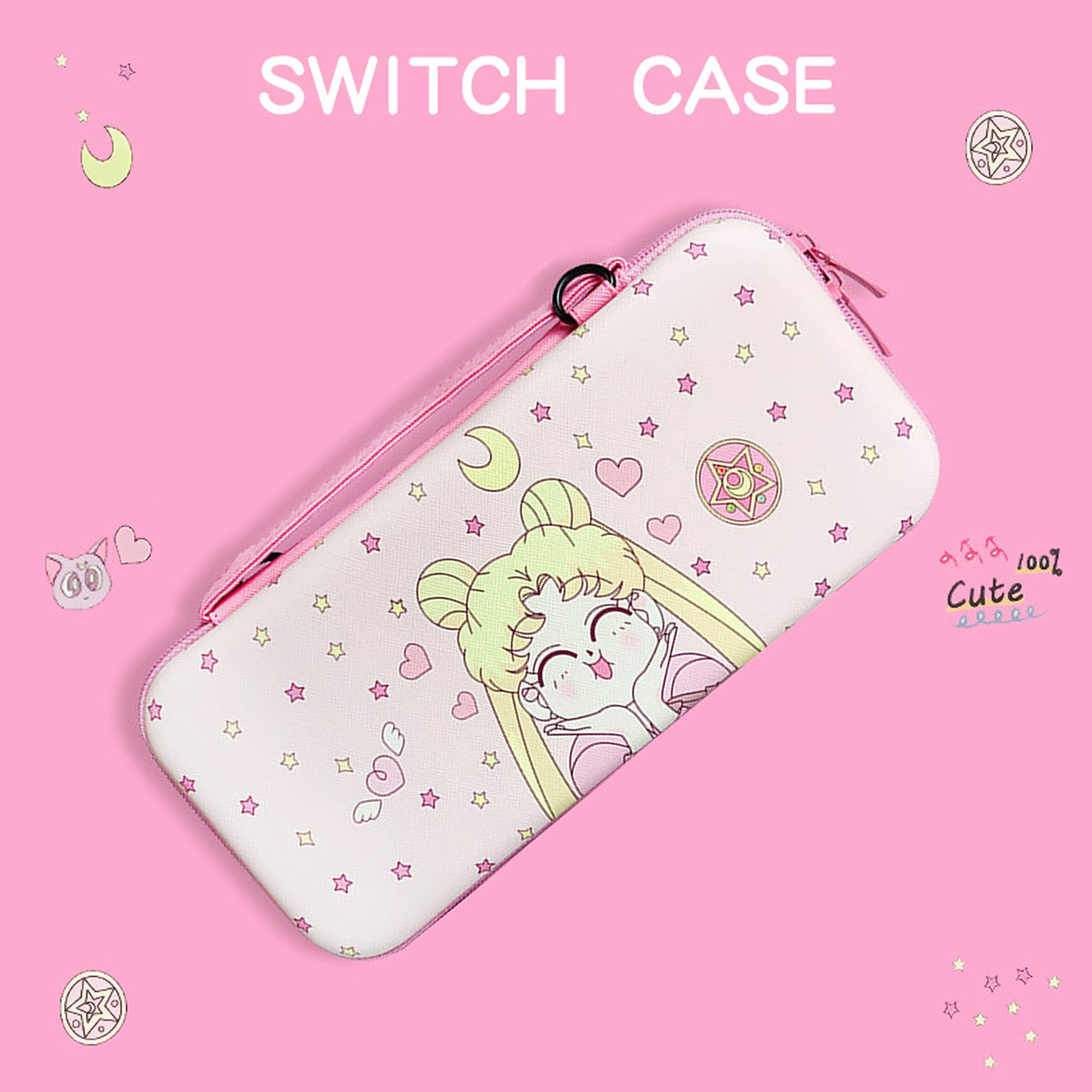 RHOTALL Case Compatible with Nintendo Switch & Switch OLED Carrying Case 2 in 1 Shoulder & Hand Strap, Protective Hard Portable Travel Carry Case Shell Pouch for Switch Accessories (Moon Pink)