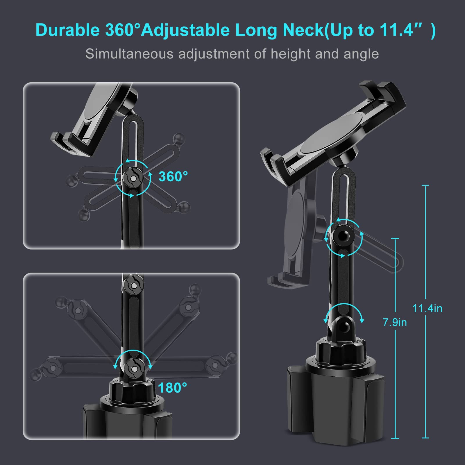 Car Cup Holder Tablet Mount Holder, 360° Adjustable Long 2-Arm Stand for iPad Pro 12.9/11/10.5/9.7/Air/Mini 6/5/4, Samsung Galaxy Tab/Z Fold 4/3, Amazon Fire HD, iPhone 14/Pro, 4.7-12.9" Tab & Phone