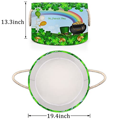 St Patrick's Day Rainbow Large Round Baskets for Storage Laundry Baskets with Handles Blanket Storage Basket for Bathroom Shelves Bins for Organizing Nursery Hamper Girl Boy