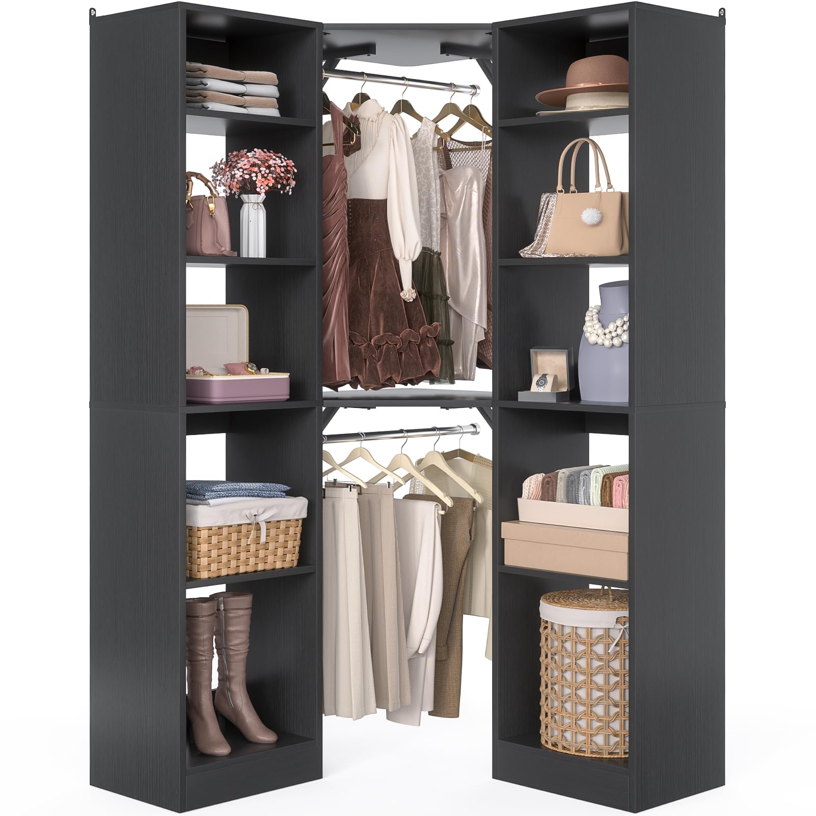 Besiost Corner Closet System with 12 Shelves, 40" Large Corner Closet Organizer System with 2 Hanging Rods, Versatile 6-Tier Walk-in Closets for Corner Space, White