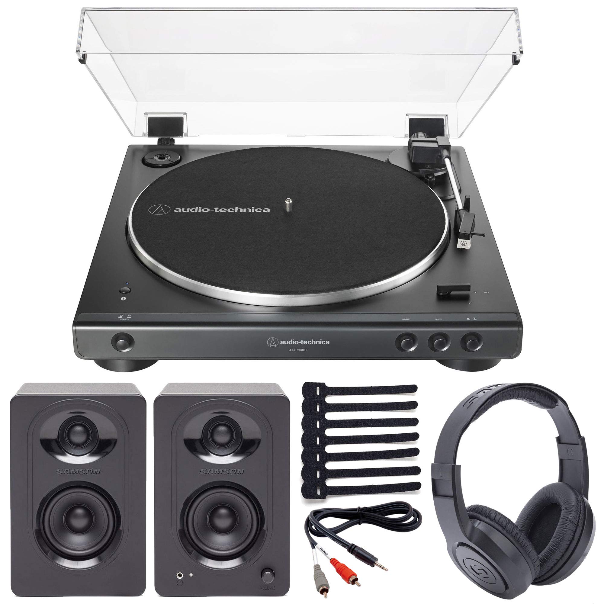 Audio-Technica AT-LP60XBT Stereo Turntable with Bluetooth (Black) + Samson Powered Studio Monitors + Samson Headphones + Dual Adapter Cable + Rip Ties - Deluxe Bundle
