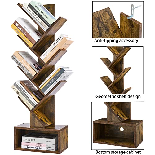 Hoctieon 6 Tier Tree Bookshelf, 6 Shelf Bookcase with Drawer, Modern Book Storage, Free Standing Tree Bookcase, Display Floor Standing Storage Shelf for Books, Utility Organizer Shelves
