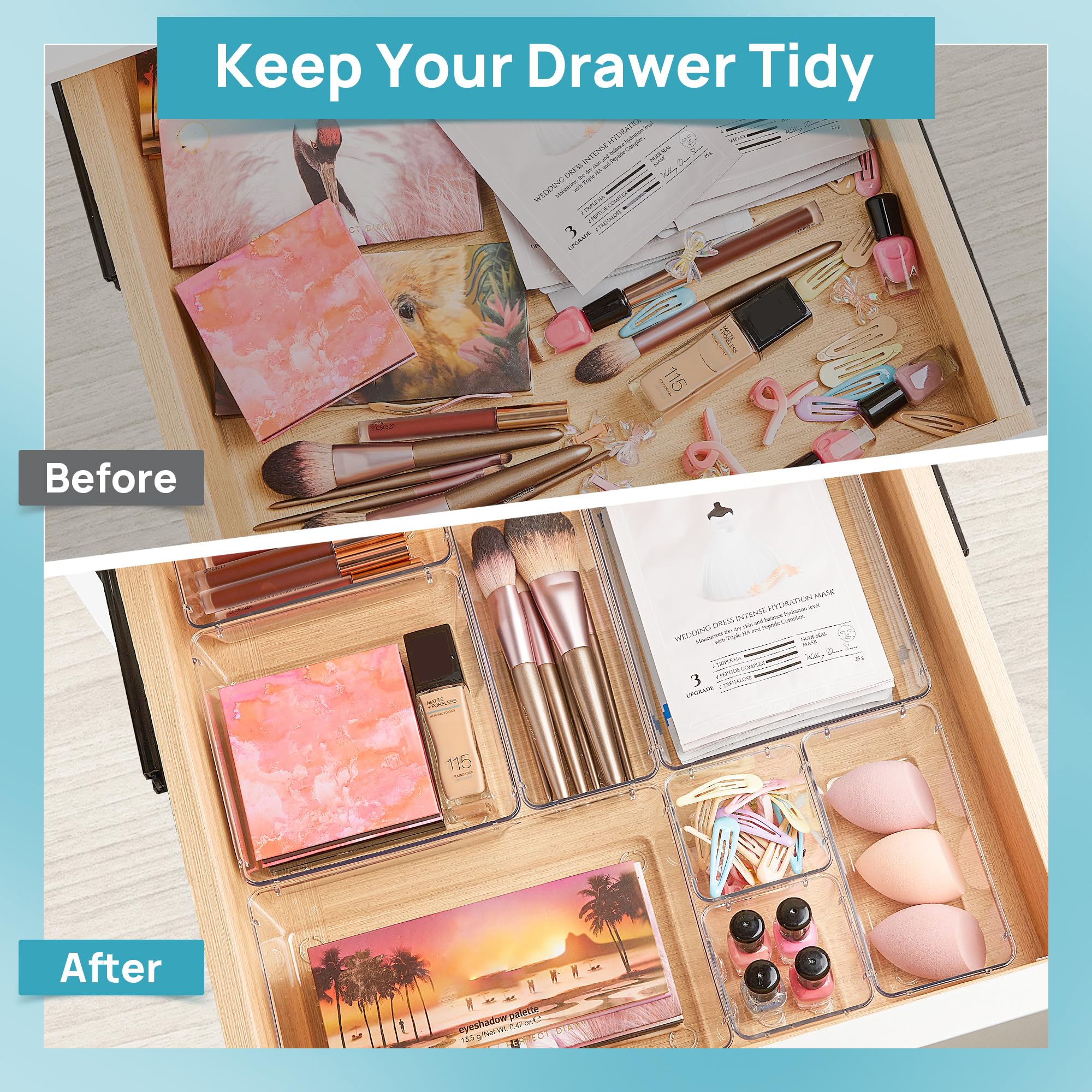Vtopmart 66 PCS Clear Plastic Drawer Organizers Bins, 4-Size Versatile Bathroom and Vanity Organizer Trays, Non-Slip Storage Containers for Makeup, Jewelries, Bedroom,Kitchen Utensils and Office