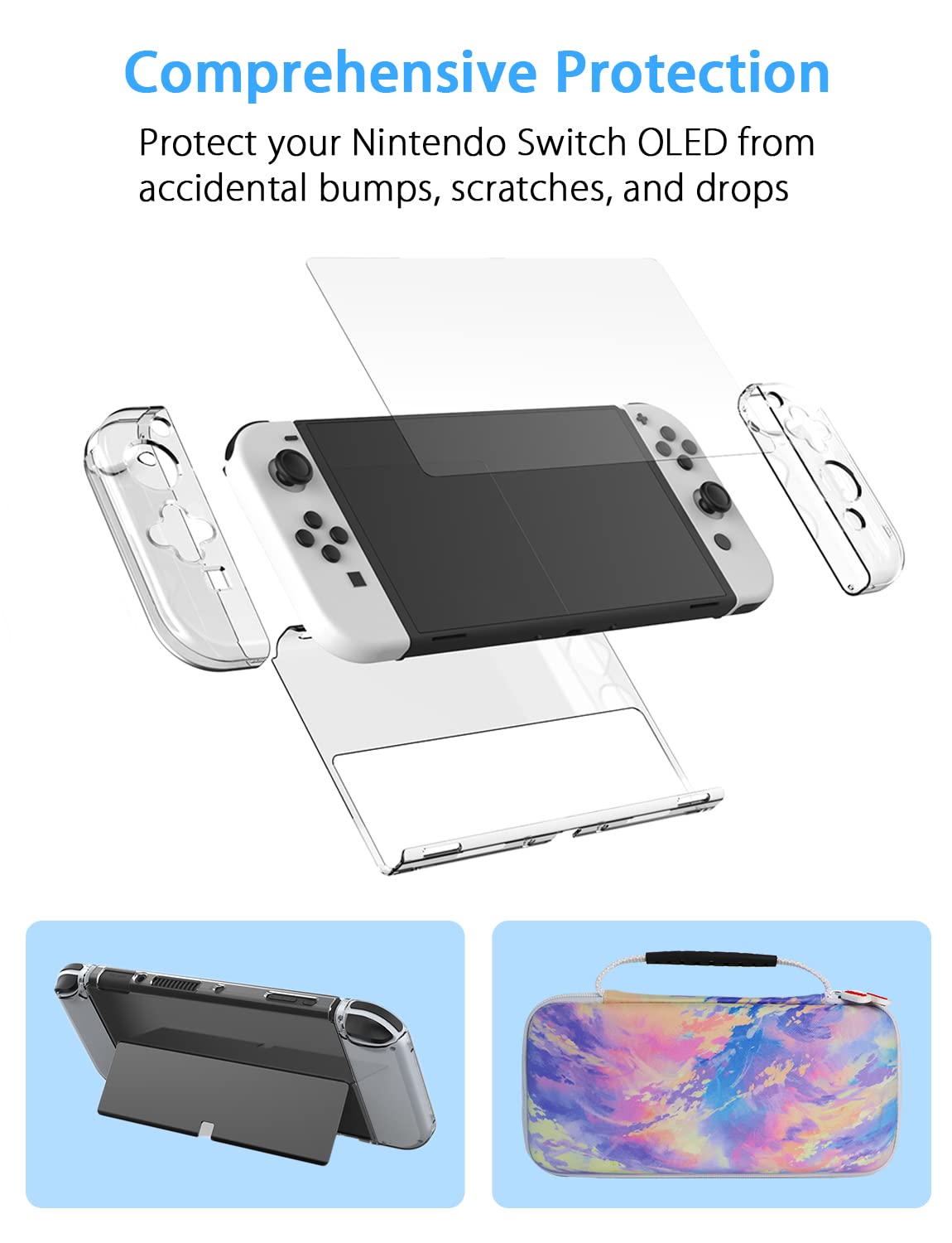 NexiGo Carrying Case and Game Accessories Kit for Nintendo Switch OLED, Game Accessories Bundle with Protective Case, Joystick Cap, Screen Protector (Sunset)