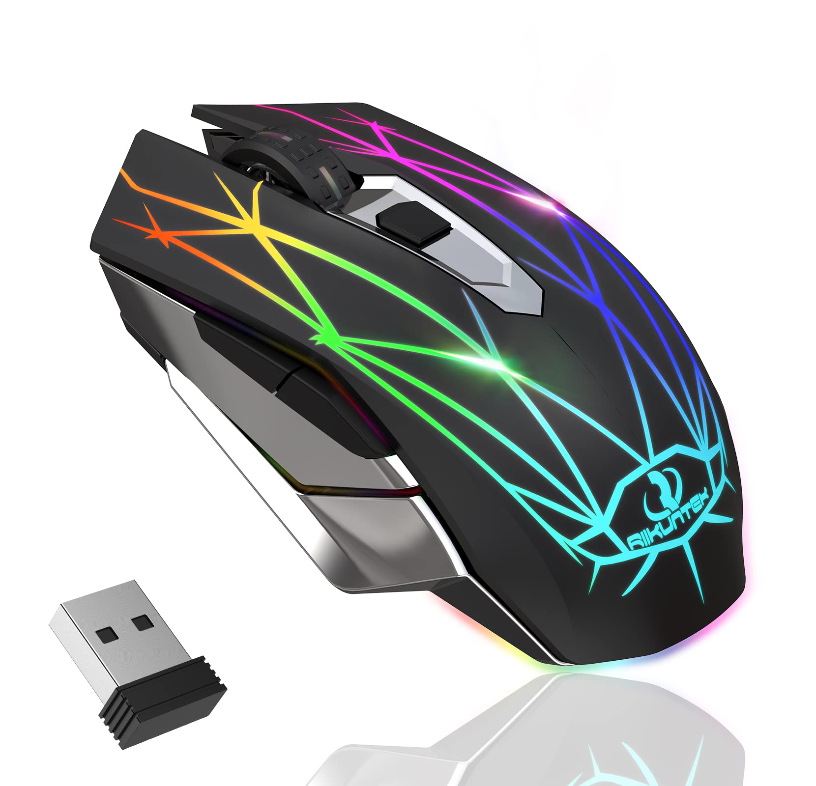 RIIKUNTEK Wireless Gaming Mouse, Computer Mouse Rechargeable with 3 Adjustable DPI, Silent Click, USB Receiver, LED Lights, 2.4GHz Portable Ergonomic RGB Optical Gamer Mice Mouse for Laptop PC Black