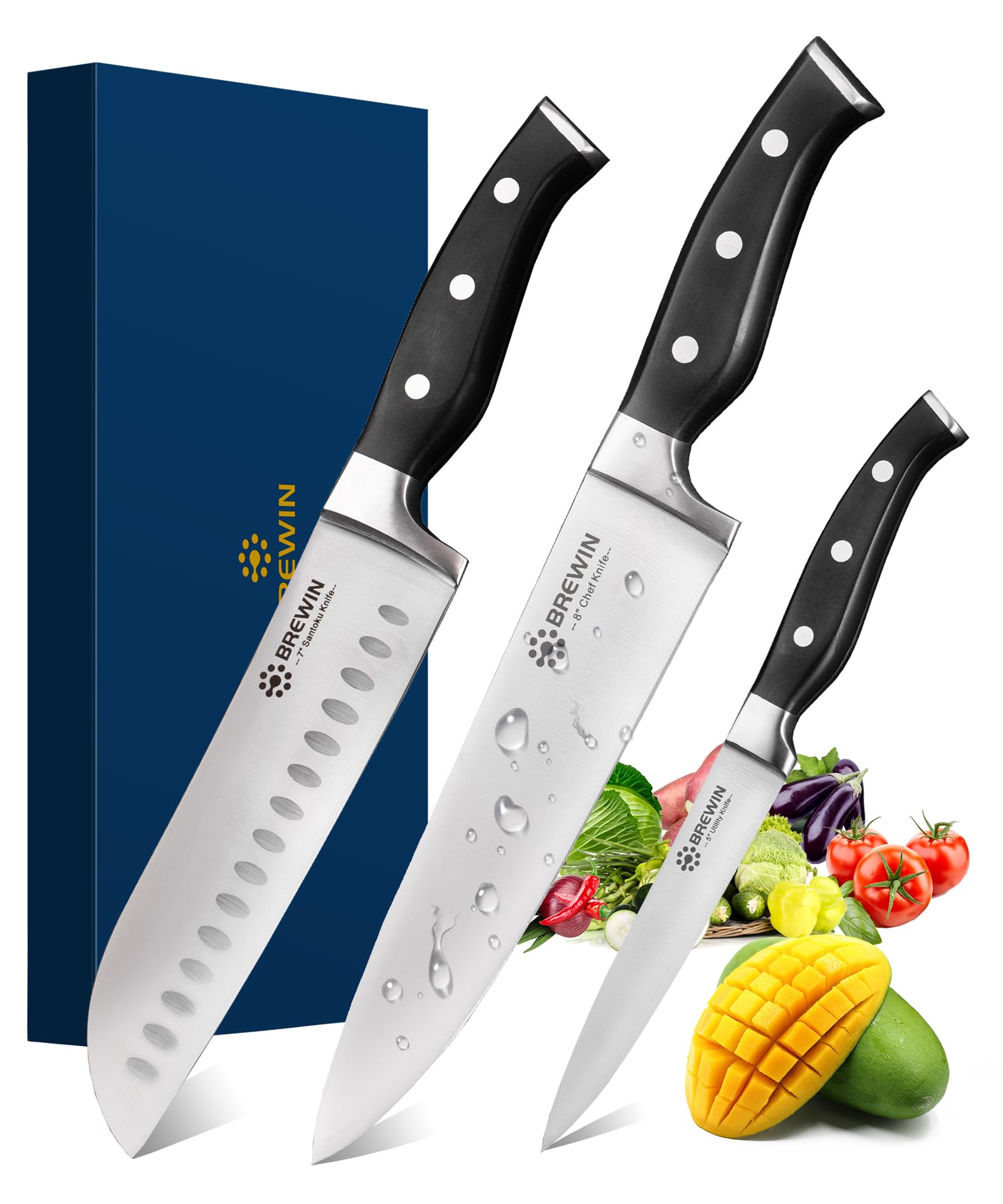 Brewin Chef Knife with Sharpener, Razor Sharp 8 Inch Chef Knife with Red Pakkawood Handle German High Carbon Stainless Steel Full Tang Professional Cooking Knives with Gift Box