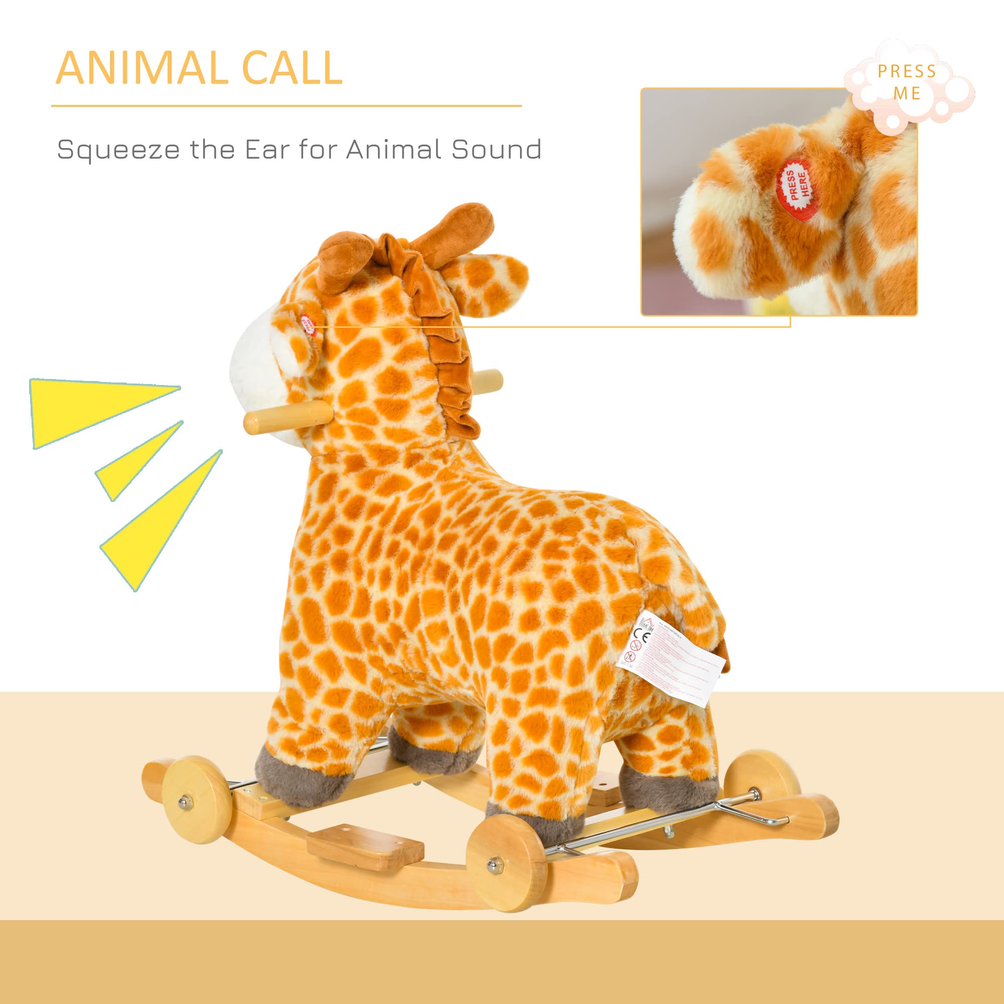 Qaba 2-in-1 Kids Plush Ride-On Rocking Horse Toy, Giraffe-Shaped Plush Rocker with Realistic Sounds for Children 3 to 6 Years, Yellow
