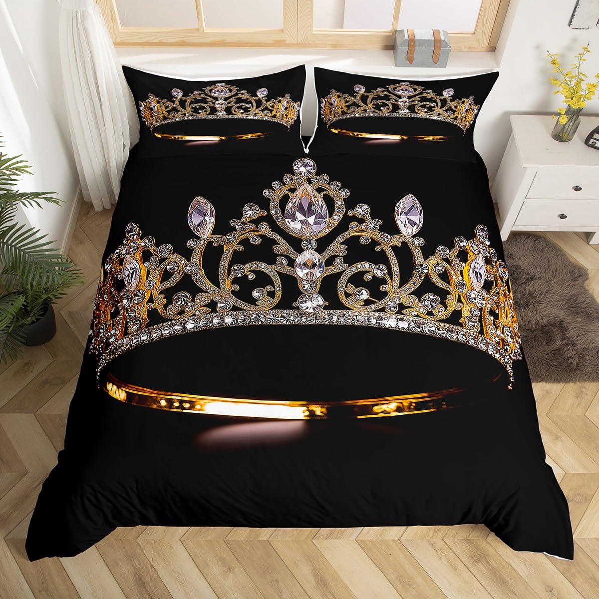 Erosebridal Gold Crown Bedding Set Queen Size Diamonds Duvet Cover Set for Lady Boys Teens,Luxurious Comforter Cover Set Gorgeous Crown Quilt Cover Soft Cozy Luxury Bedroom Decor Black