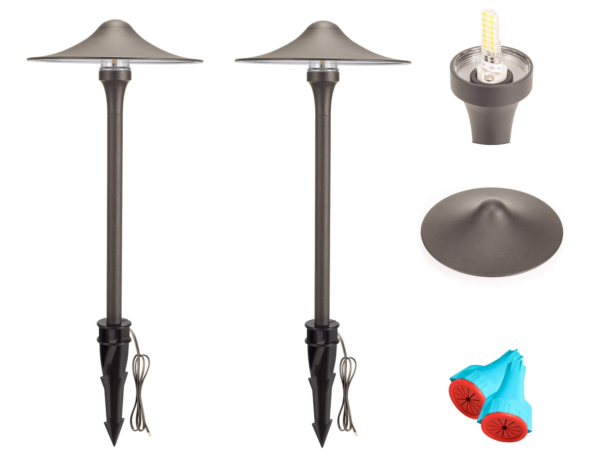 LIT-PaTH LED Landscape Pathway Light, 12V Low Voltage, 2W 170 Lumens, for Outdoor Yard Lawn, Die-cast Aluminum, Water-Proof, Bronze Finish-3000K, Large Cap, 2-Pack