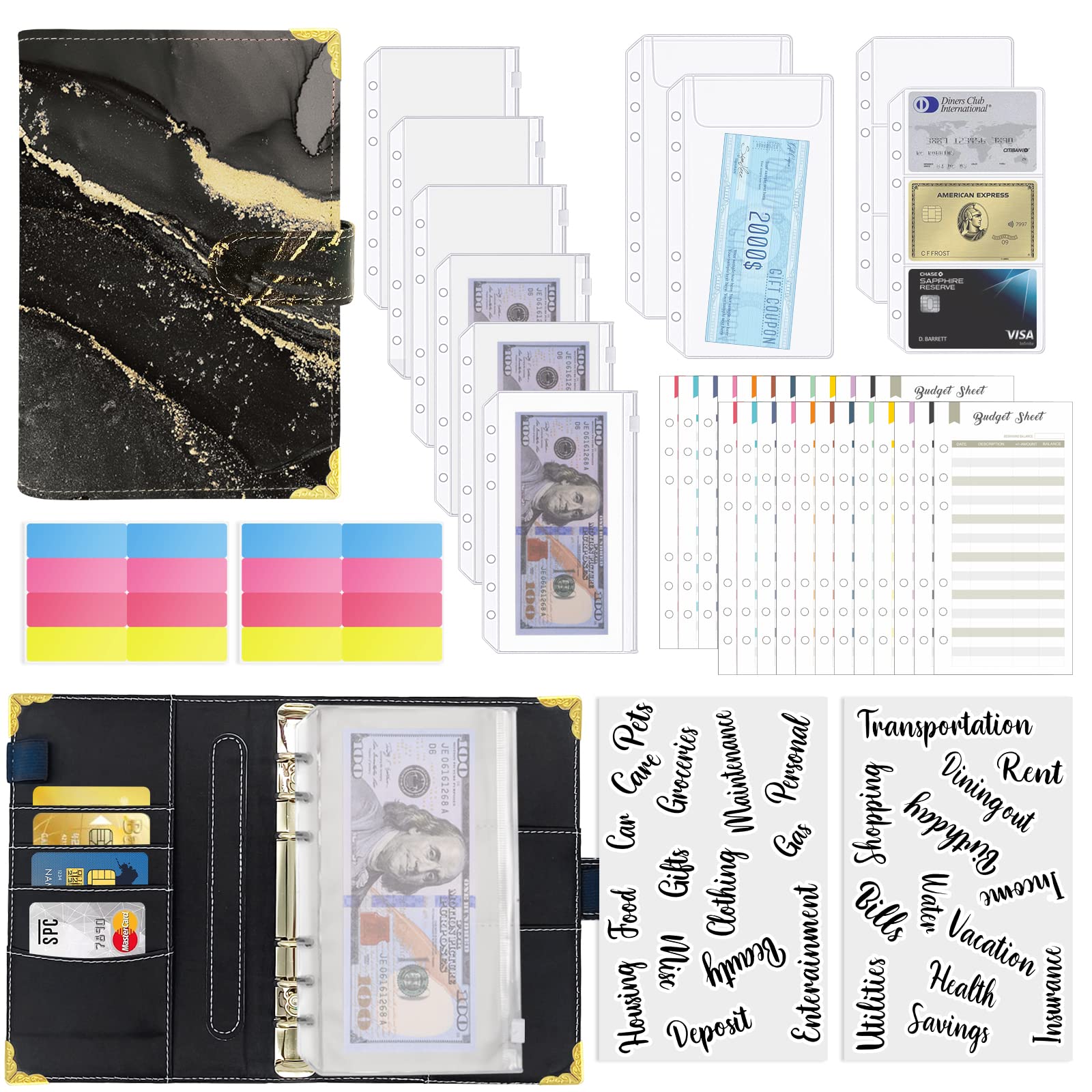 Budget Binder with Cash Envelopes and 24 pcs budget sheets, Money Organizer for Cash, Cash envelopes for Budgeting and Saving, Mini Binder with Zipper Envelopes, Money Saving Binder