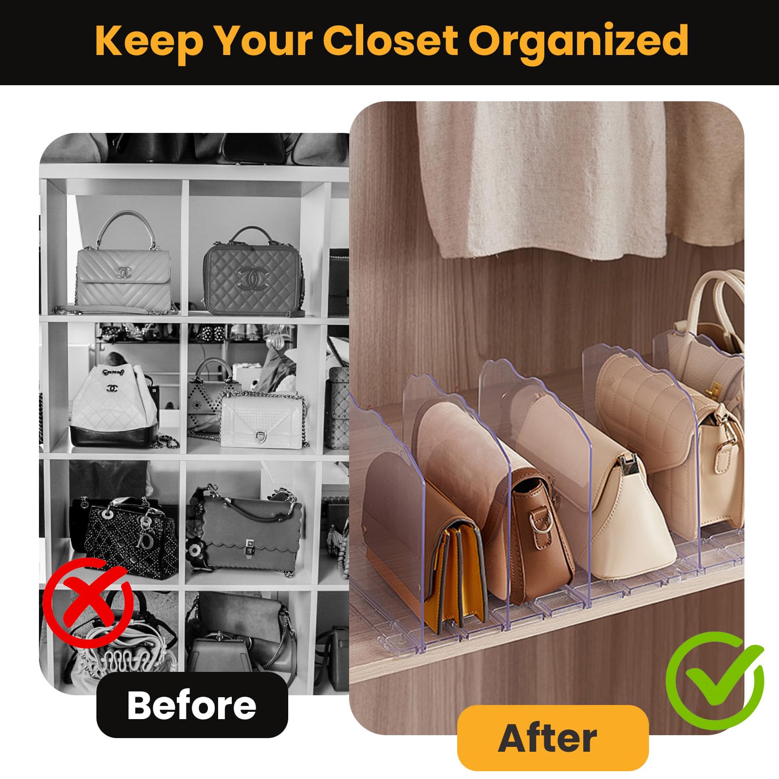 CINPIUK Adjustable Closet Shelf Divider Acrylic Purse Organizer for Closet, Clear Handbag Shelf Dividers, Detachable Separator Rack for Bedroom, Kitchen, Office, Bathroom, 10 Compartments