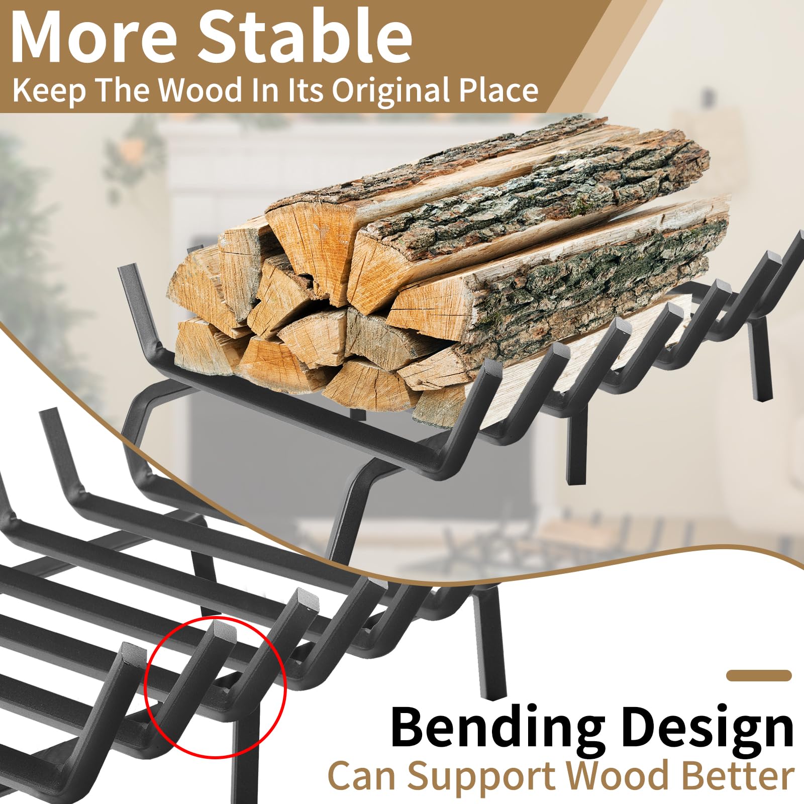 BRIAN & DANY Fireplace Grate, 24 Inch Heavy Duty Fireplace Log Grate, Solid Steel Fire Pit Grate Firewood Burning Rack Holder for Outdoor and Indoor
