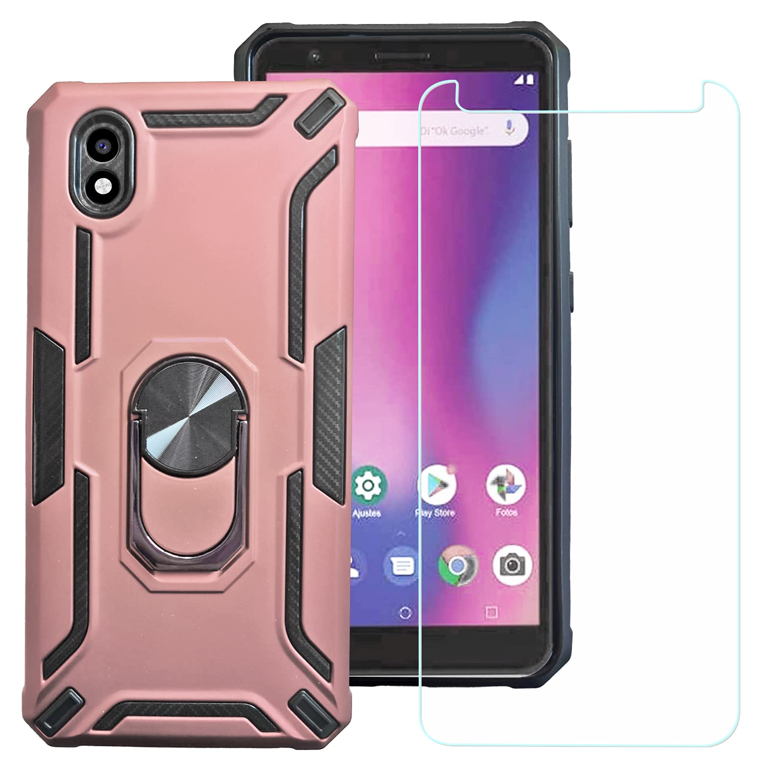 BestAlice for ZTE Avid 579 / ZTE Blade A3 2020 Case with Tempered Glass Screen Protector, Hybrid Heavy Duty Protection Shockproof Defender Kickstand Armor Case Cover,Rose Gold