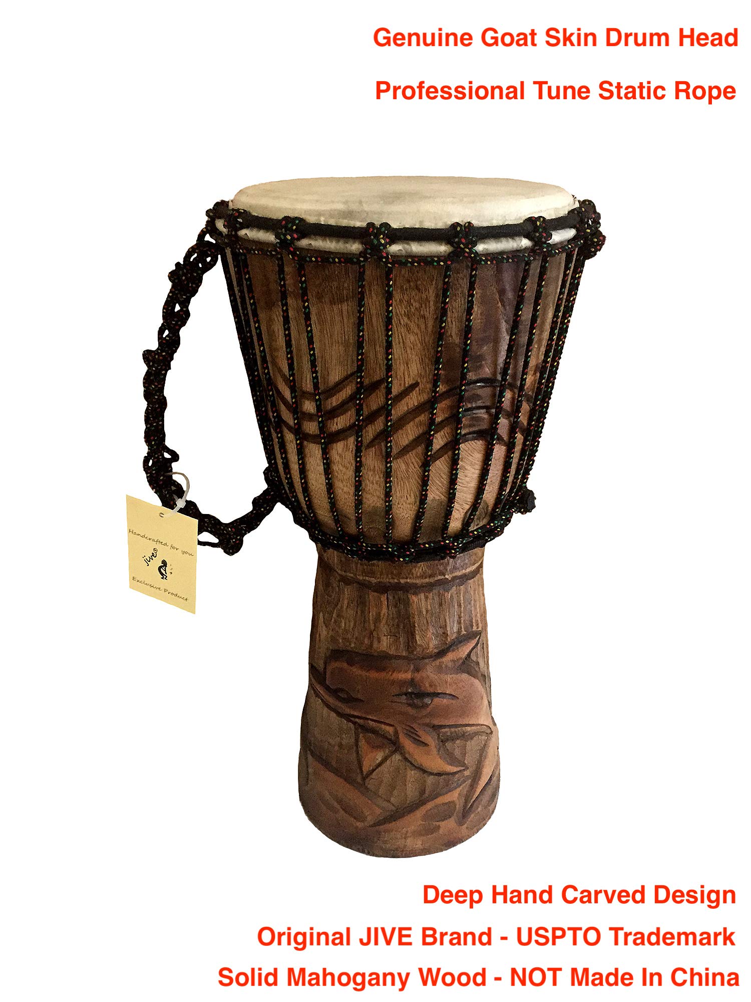 JIVE Djembe Drum African Bongo Congo Wood Drum Deep Carved Solid Mahogany Goat Skin Professional Quality 16" High (Dolphin)