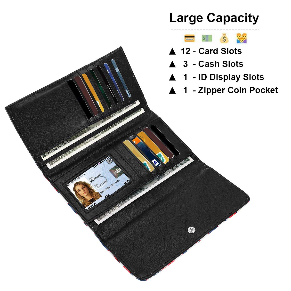 Kamo Women’s Printed Slim Long Wallet Purse Card Holder Organizer Envelope Wallets for women with 12 Card Slots