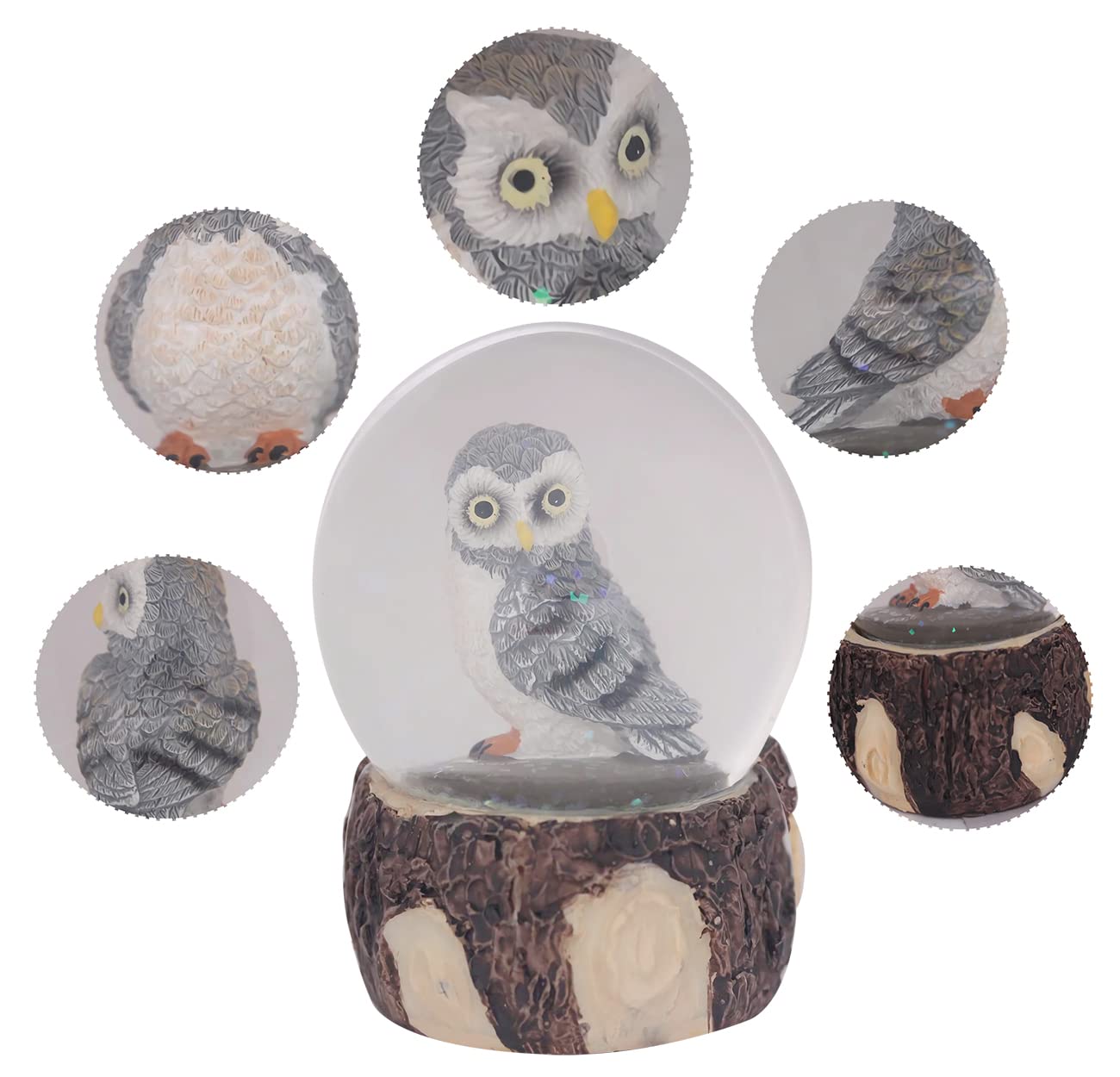 SINGEEK Owl Snow Globe - Hand Painted Owl Figurine Snowglobe, Manual Snowfall 65MM Water Globe Home Office Decor (Gray)