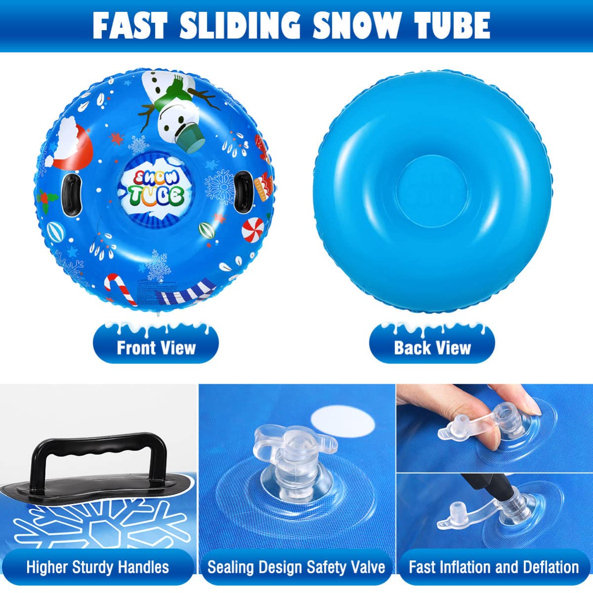 BESPORTBLE 120cm Snow Sleds PVC Inflatable Snow Tube Snow Sled Winter Snow Ring with Handles for Sledding Skiing Winter Outdoor Fun Snow Games(Blue Snowman Pattern)
