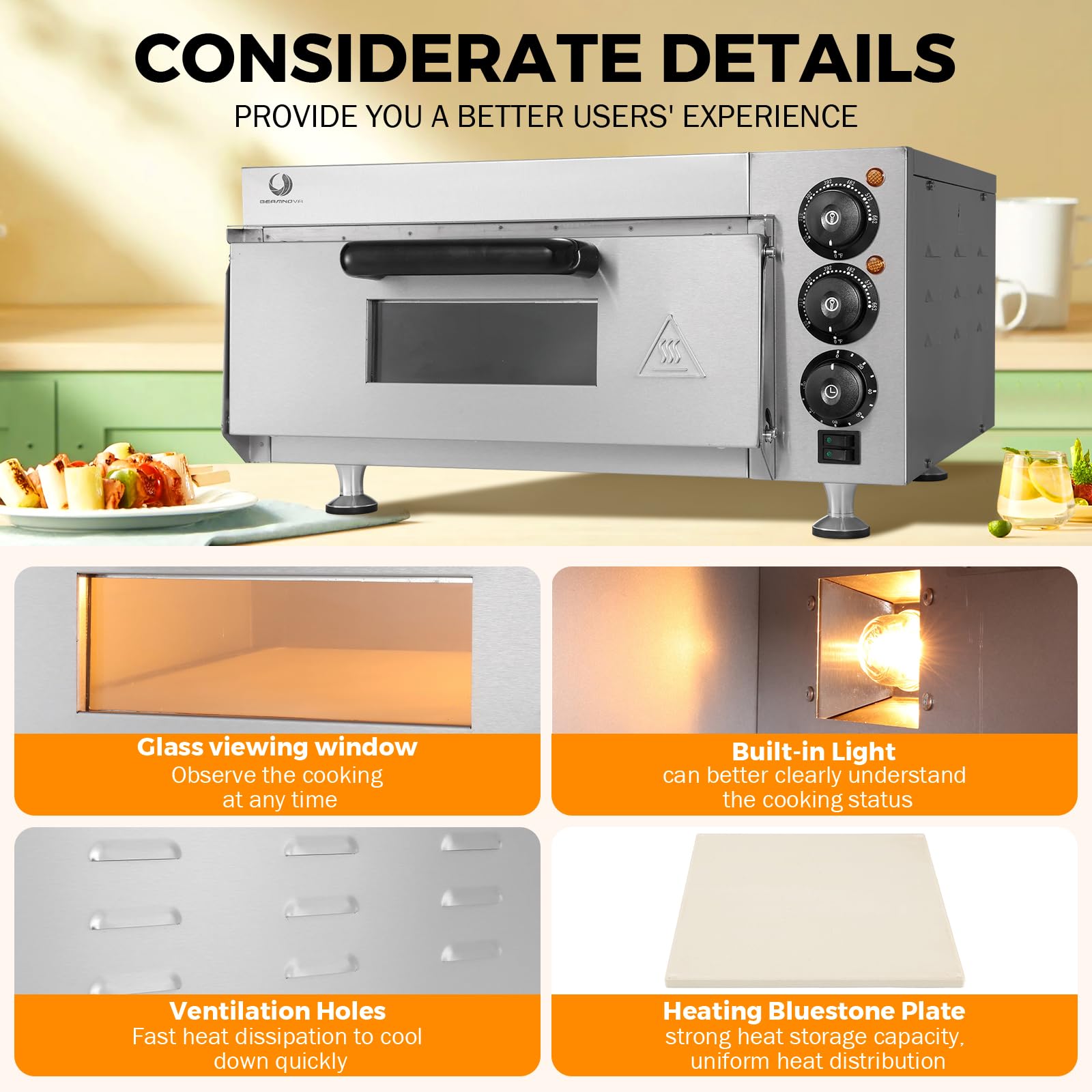 BEAMNOVA Electric Commercial Pizza Oven Countertop,1900W Adjustable Temperature Pizza Oven with 12 Inch Pizza Pan and Pizza Stone for Restaurant Home Pretzels Bakedā¦
