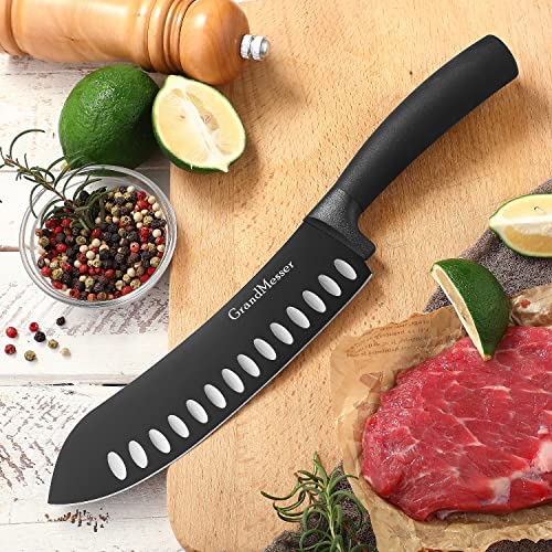 GrandMesser Butcher Breaking Knife, 7 inch Bullnose Knife, Black Titanium Nitride Coated, High Carbon German Stainless Steel Meat Knife, Ergonomic Non-slip Handle, Gift Box, Knife Sharpener