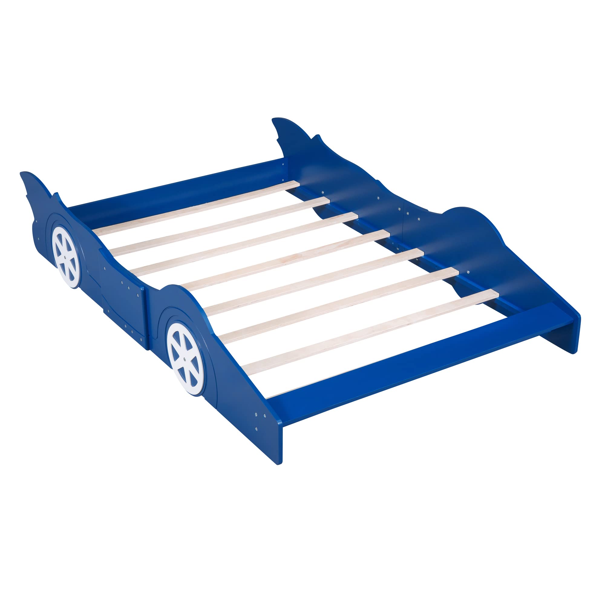 SOFTSEA Full Size Car-Shaped Platform Bed, Solid Wood Platform Bed with Wheels for Kids Boys Girls, No Box Spring Needed, Without Headboard, Blue