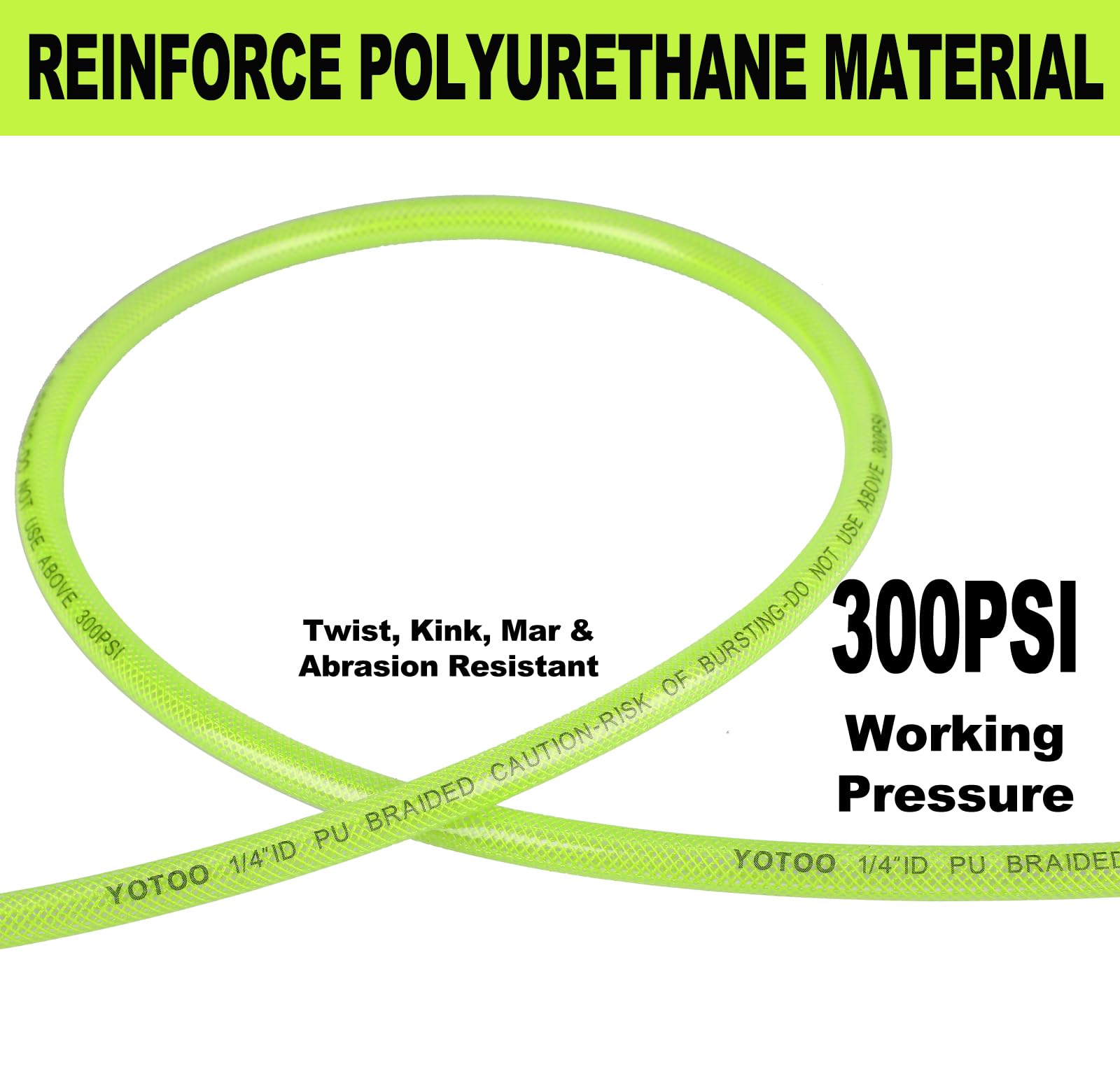 YOTOO Reinforced Polyurethane Air Hose 1/4" Inner Diameter by 100' Long, Flexible, Heavy Duty Air Compressor Hose with Bend Restrictor, 1/4" Swivel Industrial Quick Coupler and Plug, Green