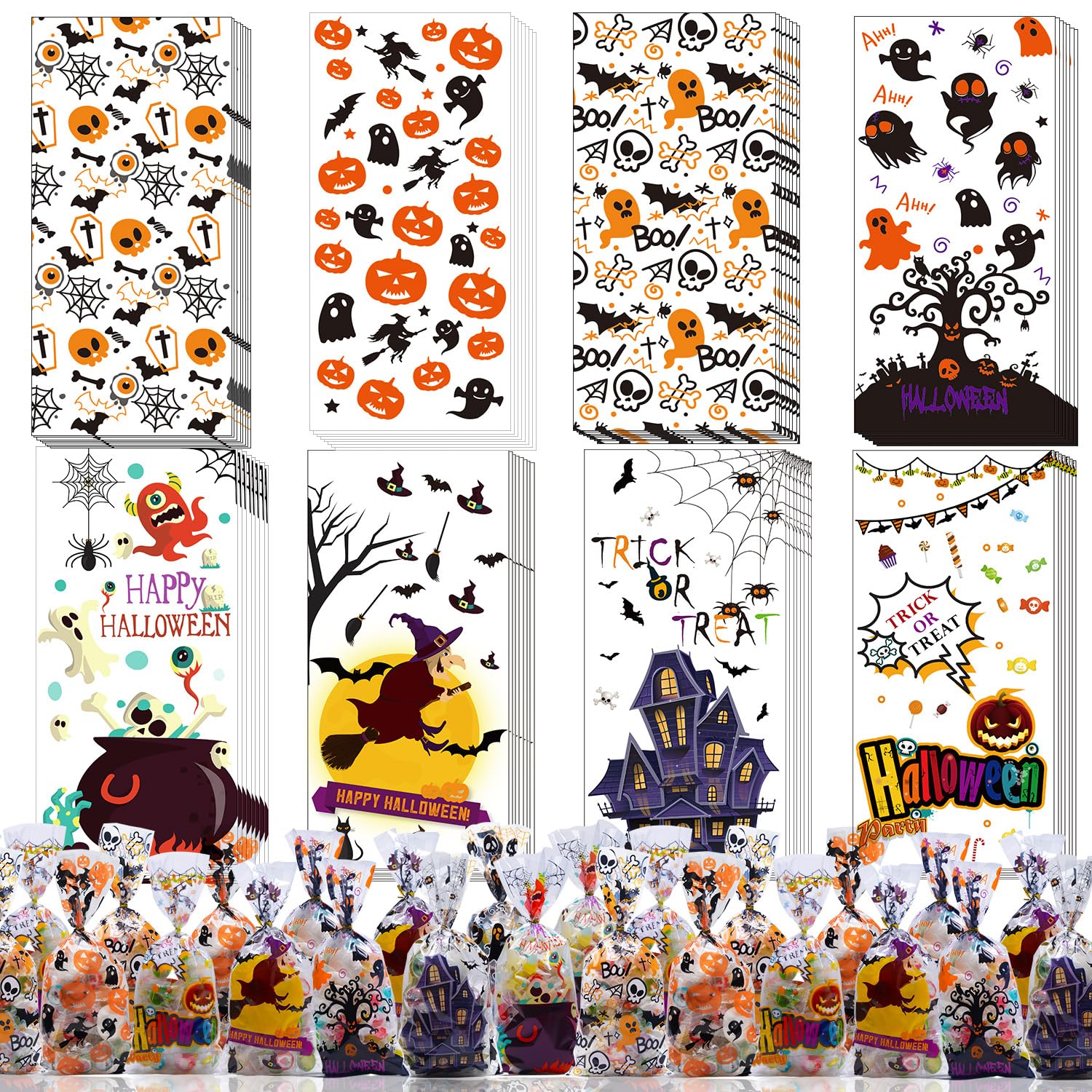 WOONOO 200PCS Halloween Treat Bags Candy Bags for Trick or Treat, 8 Designs Halloween Goodie Bags for Kids Party Supplies, Halloween Cellophane Bags Halloween Party Favor for Kids