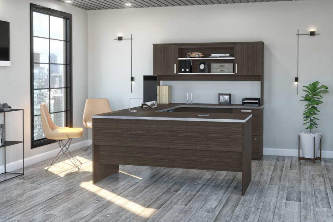 Bestar Universel 65W U-Shaped Executive Desk with Pedestal and Hutch in Dark Chocolate