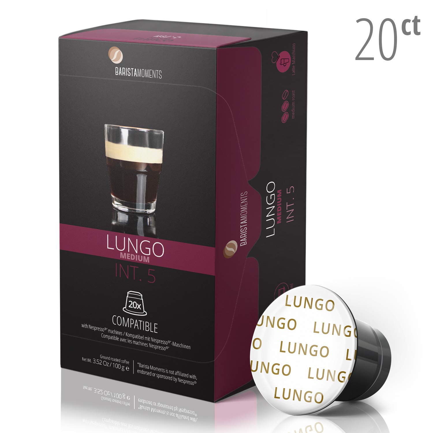 Barista Moments - 20 Italian Lungo Espresso Pods Compatible with Nespresso Original Coffee Capsules Machines (Lungo, 20)