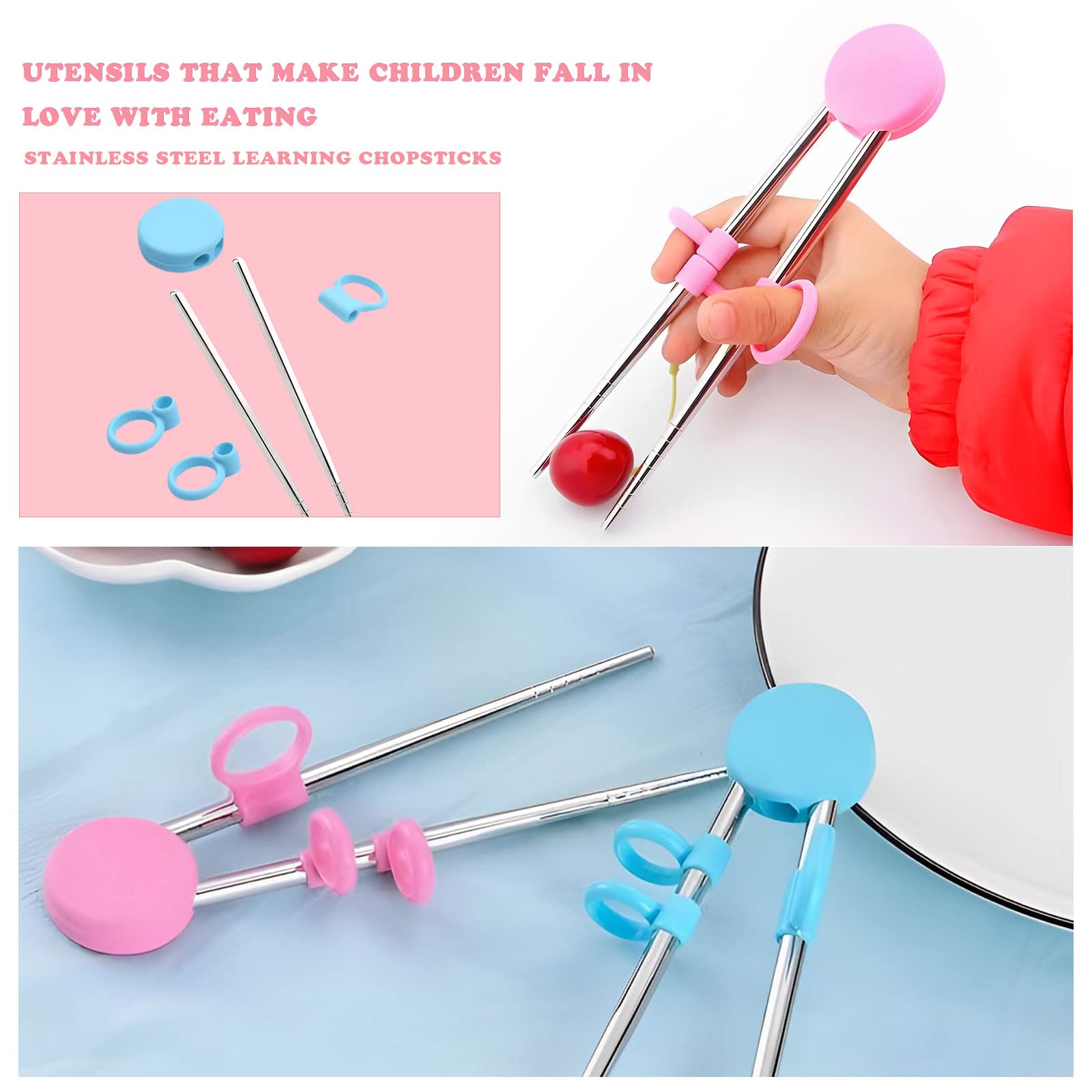BLMHTWO 2 Pairs Kids Chopsticks Training Chopsticks for Kids Reusable Metal Chopsticks with Attachable Silicone Chopstick Helper for Children Adults Learning Beginners