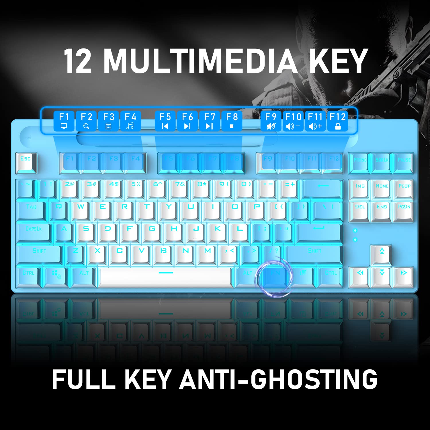 Bluetooth Mechanical Gaming Keyboard with LED Backlit 87 Anti-Ghosting Key Ergonomic Metal Plate Wired/Wireless 2.4Ghz USB Receiver Rechargeable 3300mAh Battery for PC Mac Gamer (Red Mix/Blue Switch)