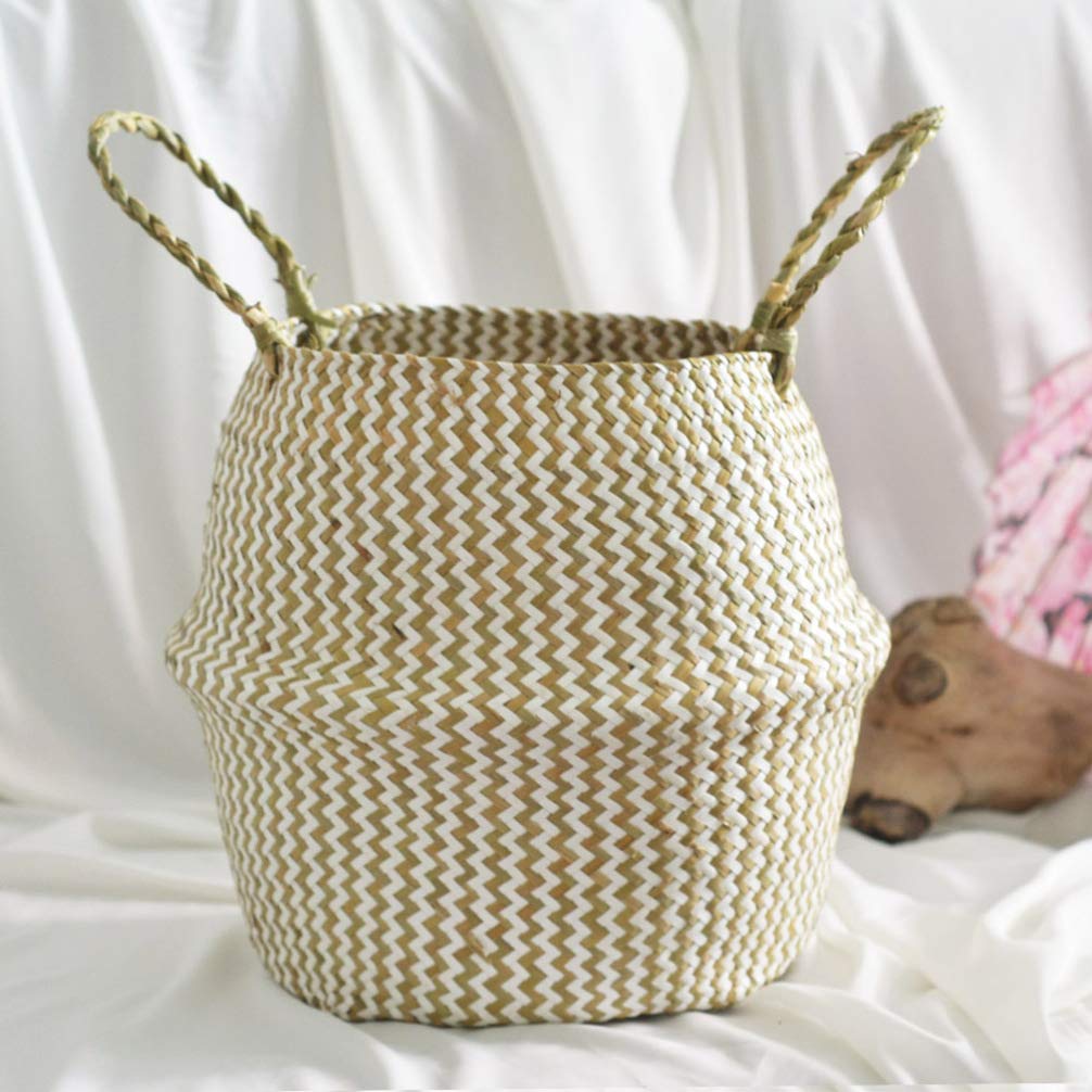 NUOBESTY Natural Round Seagrass Belly Basket with Handles for Storage Nursery Laundry Picnic Plant Pot Cover and Grocery and Toy Storage