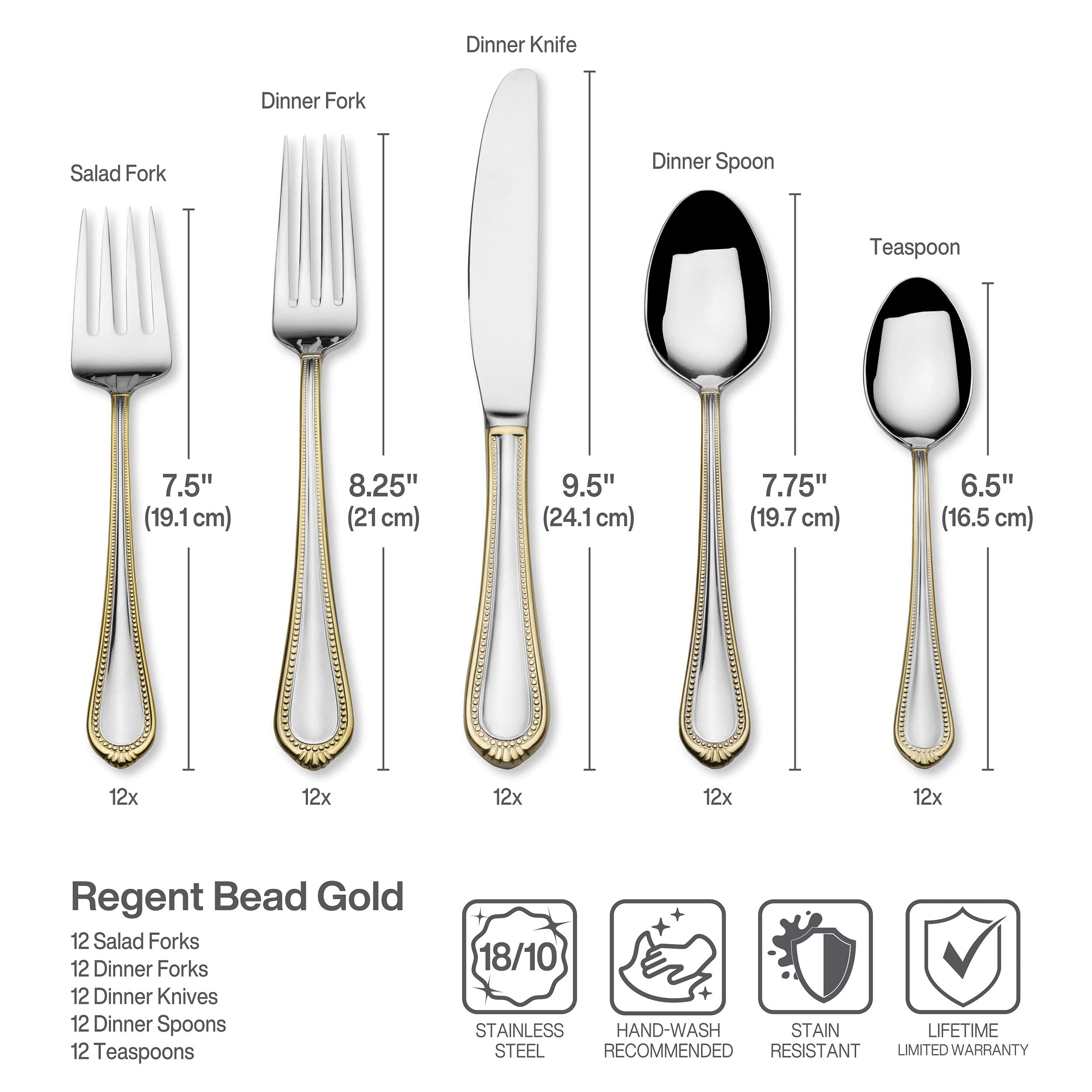Mikasa, Gold Accent Regent Bead Flatware Service for 12, 65 Piece Set, 18/10 Stainless Steel, Silverware Set with Serving Utensils