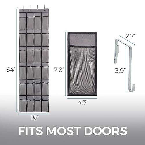 HOME GENIE 24 Pocket Strong Space Saving Over Door Shoe Organizer, Holds Up to 40 Pounds, Stay In Place Hooks Large Breathable Mesh Pocket Hanging Behind Closet Caddy Holder, Cabinet Rack, Gray