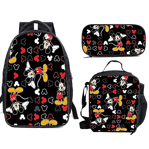 Funny Mic.key Mouse 3Pcs School Backpack, 3pcs Printed Backpack Sets for Primary Junior High University School Bookbag 3 in 1 And Lunchbox And Pencil Pouch