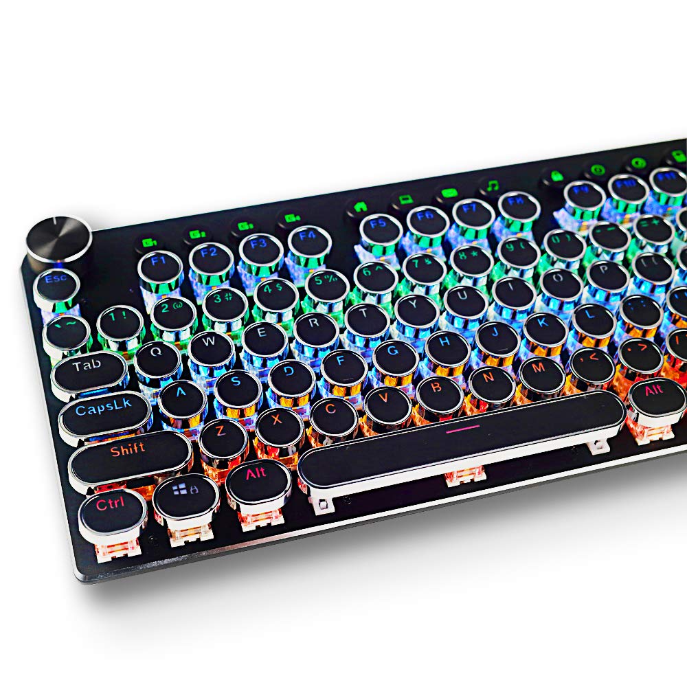 MK13 RGB Mechanical Keyboard Retro Gaming Keyboard-Blue Switches-LED Backlit -Silver-Plating-2 Knob and 12 Multimedia Buttons-104 Round Key Illuminated Keyboard for PC Gaming and MAC (MK13 Black)