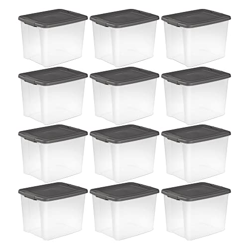 Sterilite ShelfTotes 50 Quart Clear Latched Stacking Plastic Storage Container with Gray Lid for Garage or Basement, (12 Pack)