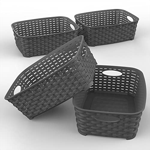 European Made Plastic Storage Bins, Heaviest Duty, Household Organizers for Bathrooms, Bedrooms, Kitchens, Laundry Room, Cabinets, Shelves, 4 Pk, Dark Grey