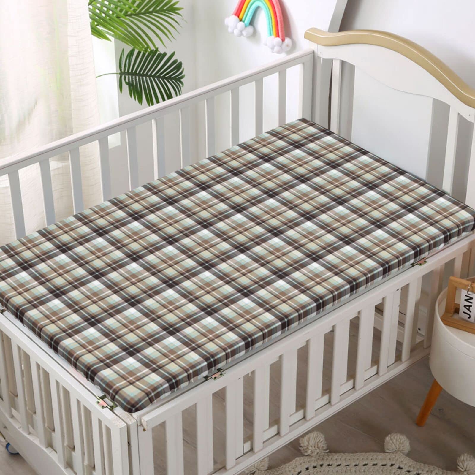 Brown Plaid Themed Fitted Crib Sheet,Standard Crib Mattress Fitted Sheet Soft & Stretchy Fitted Crib Sheet-Baby Crib Sheets for Girl or Boy, 28β x52β,Multicolor