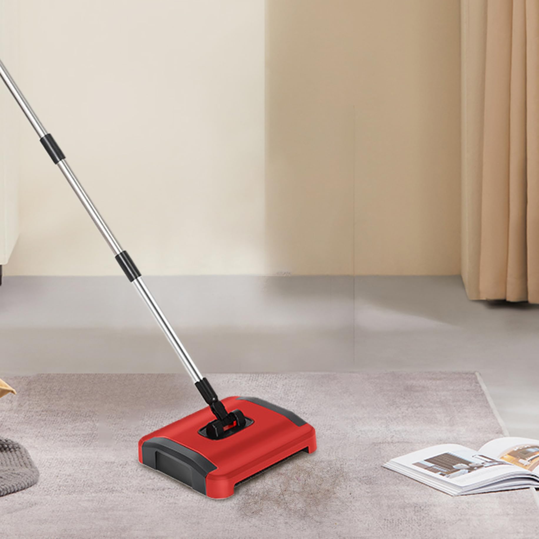 Carpet Sweeper Manual 3 Rolling Brushes Floor Sweeper Carpet Brush with Wheels and Large Waste Bin 43inch Detachable Carpet Cleaner