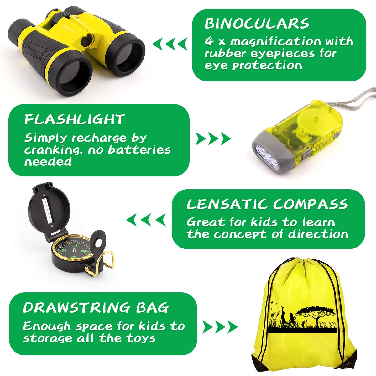 kaqinu Kids Explorer Kit, 24 PCS Outdoor Adventure Camping Kit & Bug Catcher Kit with Drawstring Bag, Binoculars, Compass, Butterfly Net, Educational Nature Exploration Toys Gift for Boys & Girls
