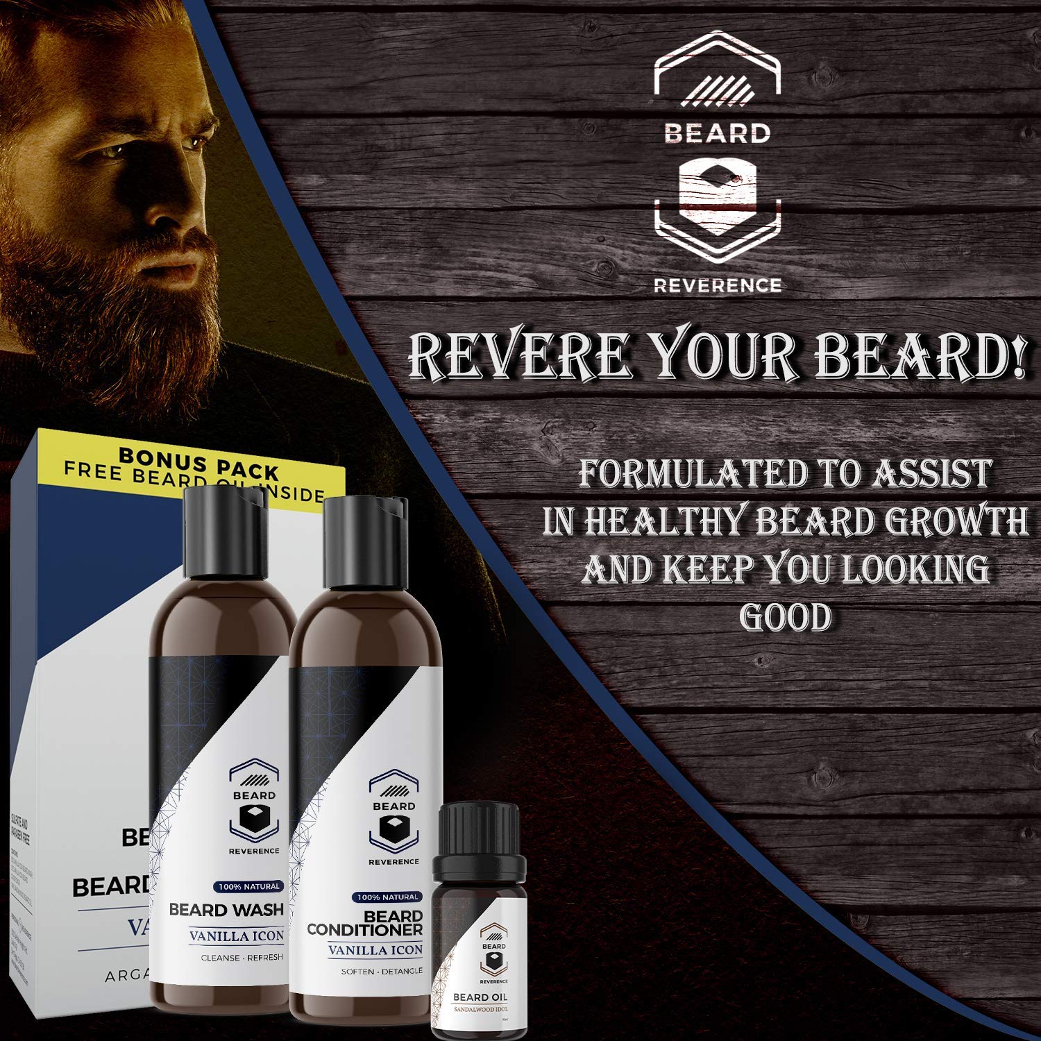 Beard Shampoo & Conditioner Set β Includes Free Beard Oil - All Natural Beard Care Softener for Beard Growth w/Argan and Jojoba Oils - Vanilla Scent β 5oz each