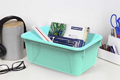 Storex Small Cubby Bins – Plastic Storage Containers for Classroom with Non-Snap Lid, 12.2 x 7.8 x 5.1 inches, Teal, 5-Pack (62412U05C)