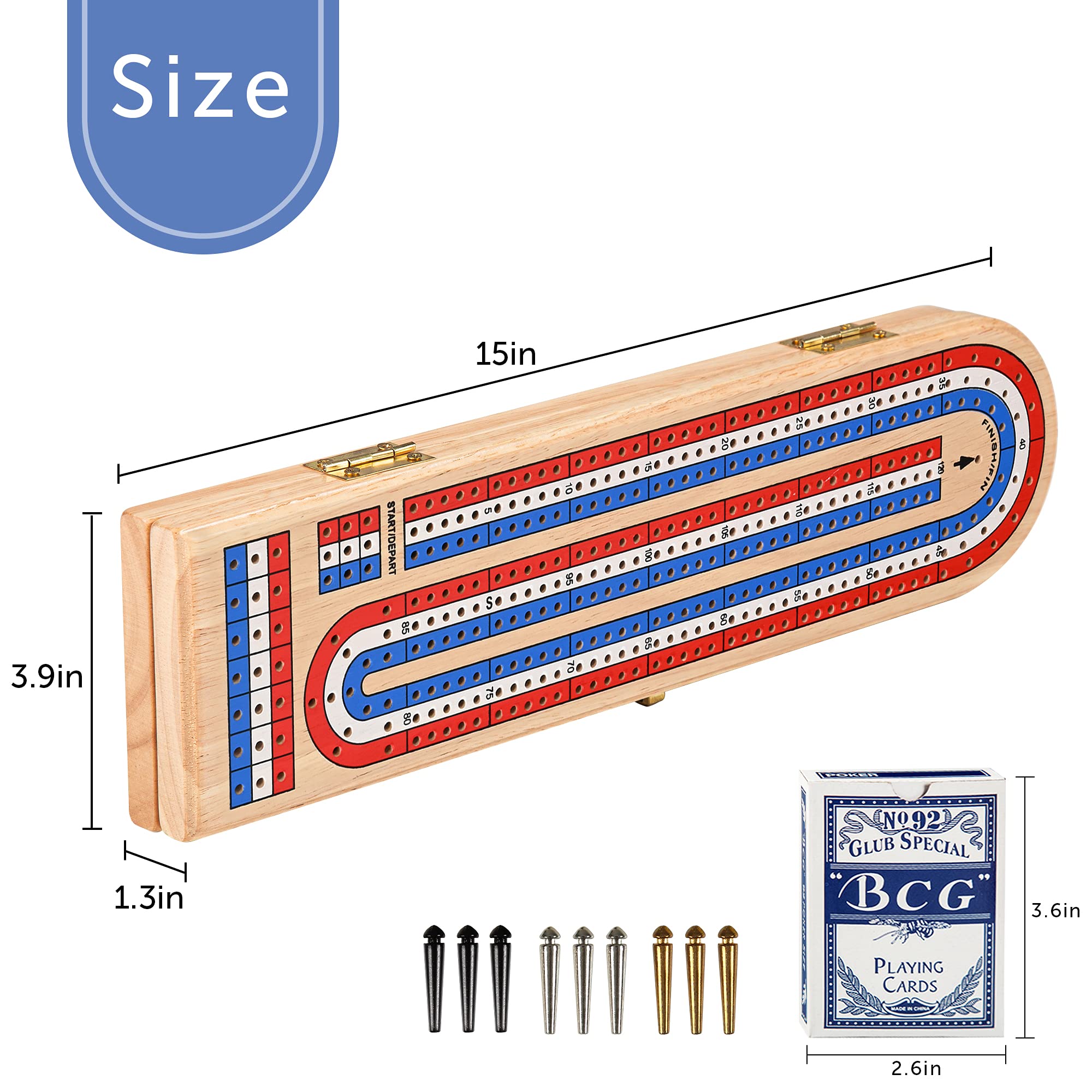 ropoda Cribbage Board Game, Classic 3 Track Board with 9 Cribbage Pegs, A Deck of Playing Cards and Storage Area, Portable and Foldable Wooden Board Game