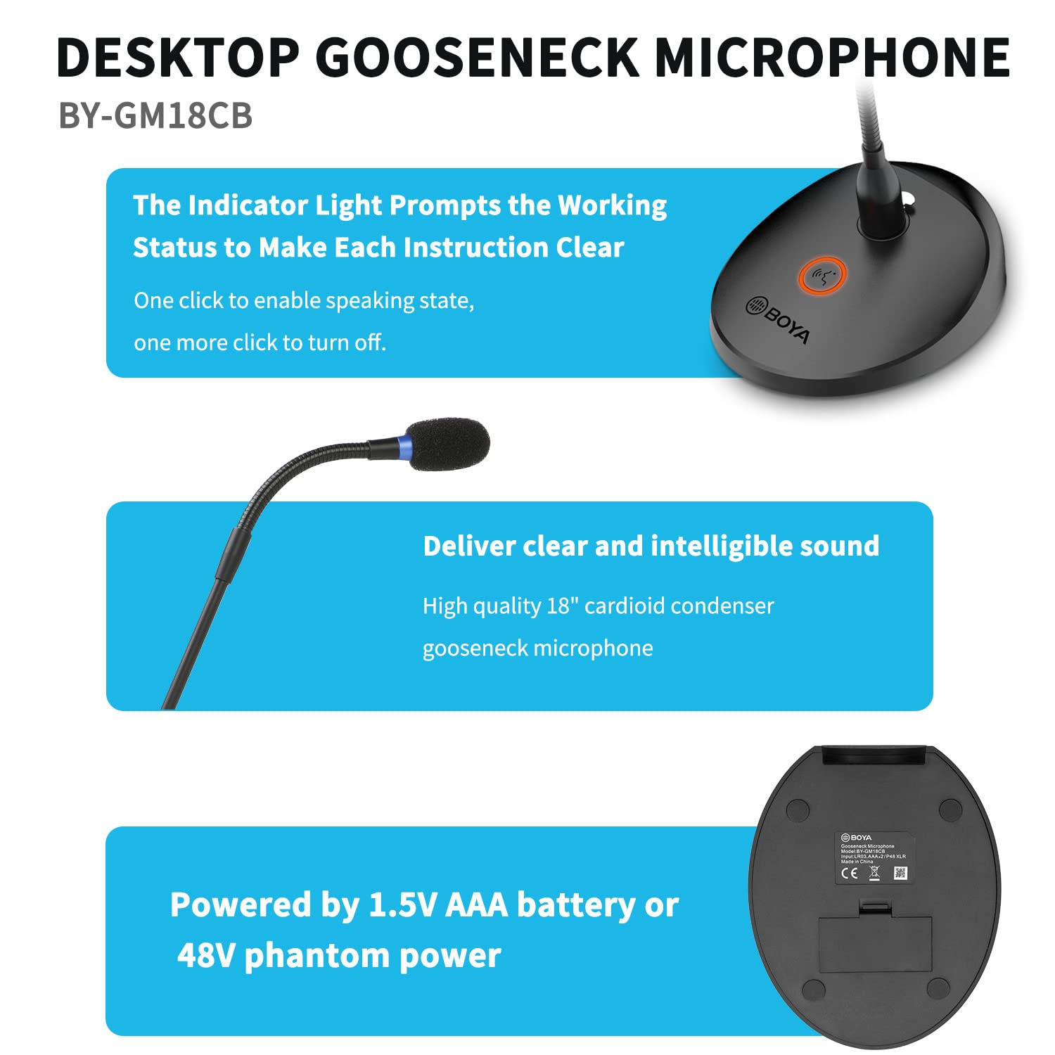 BOYA BY-GM18CB Podium Microphone,18" Gooseneck Microphone with XLR 48V Phantom Power LED Indicator,Desk Microphone for Conference Video Live Streaming Lecture Speech Podcast