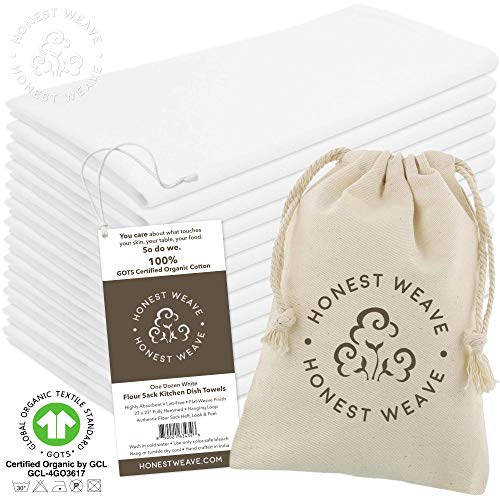 HONEST WEAVE GOTS Certified 100% Organic Flour Sack Cotton Kitchen Hand and Dish Towel Sets - Extra Large 27x27 inches, Fully Hemmed, 12-Pack, White