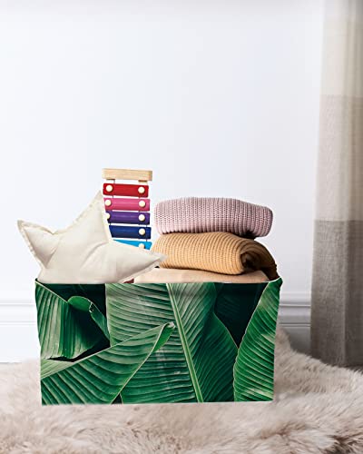 Storage Basket Summer Green Banana Leaves Storage Bin with Handles, Tropical Nature Plant Collapsible Organizer Storage Cubes Bins for Closet, Laundry Clothes, Bathroom, Nursery Toys