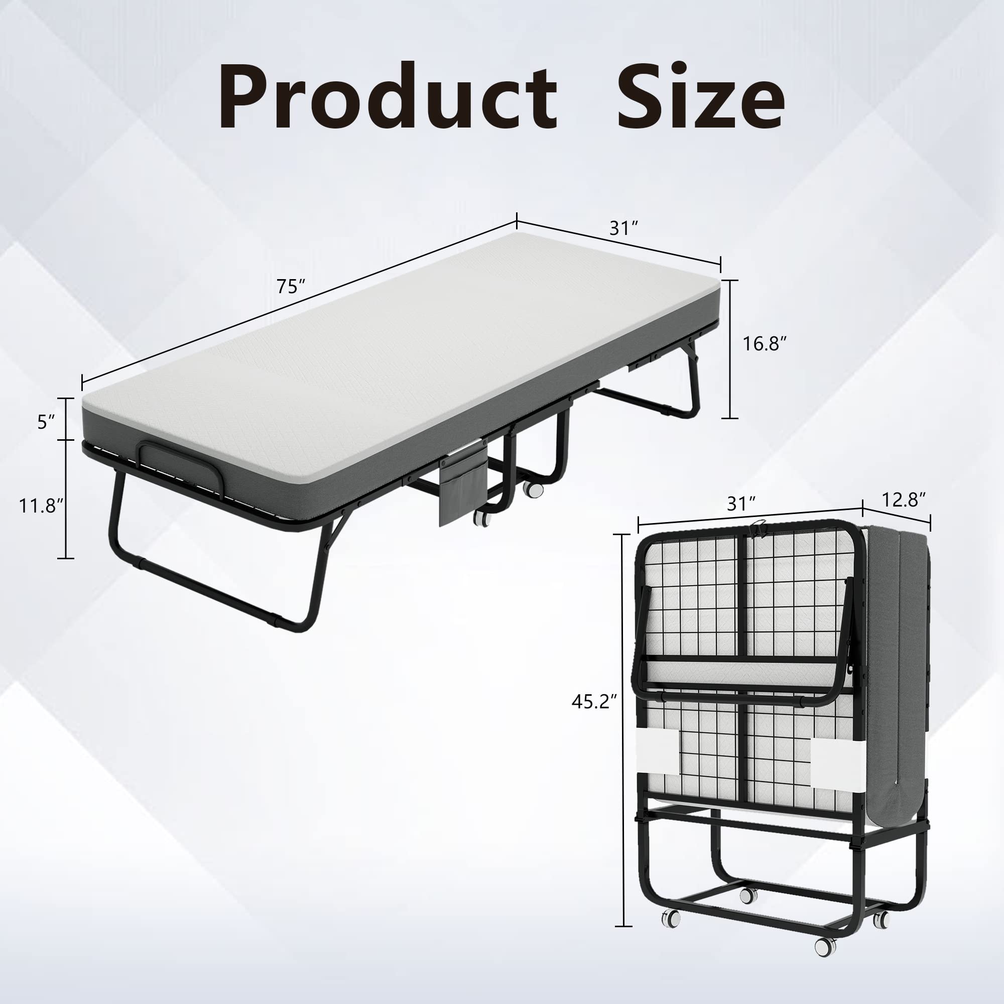 MUTUN Folding Bed with Mattress, Upgraded 5" Memory Foam Mattress Portable Foldable Guest Bed for Adults, Cot Fold Up Day Bed Rollaway Bed with Metal Frame on Wheels, Bed Cover Included 75" x 31"