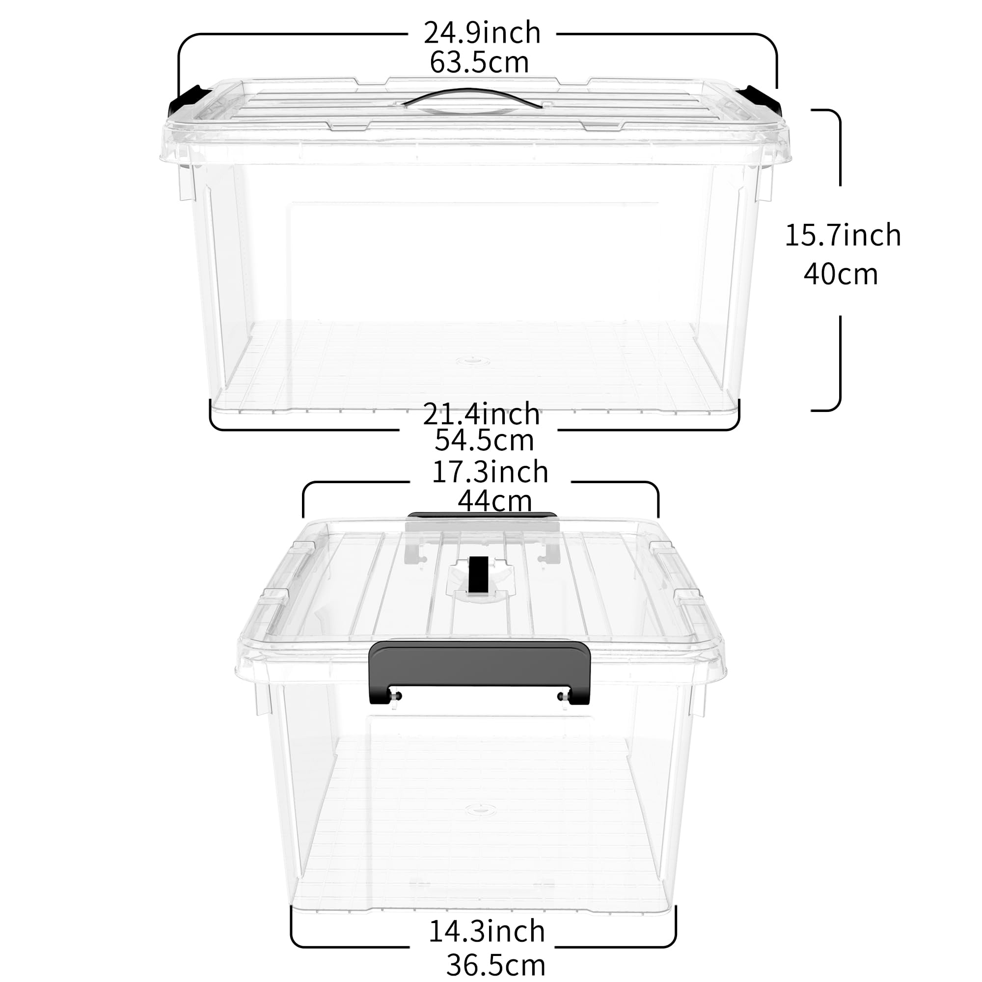 Cetomo 95Qt*4 Plastic Storage Bins, Storage Box, 4 Pack, Tote Organizing Container with Durable Lid, Secure Clips and Handle, Stackable and Nestable, Clear with Black Buckle