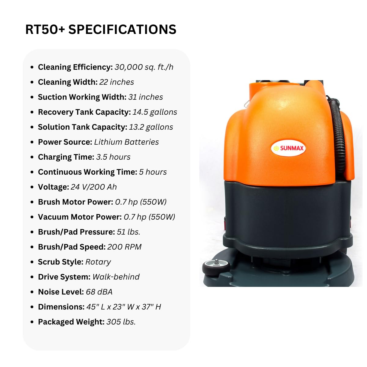 RT50+ 22" Width Floor Scrubber Dryer Machine, 13.2/14.5-gal Dual Tanks, 30,000 sqft/h, Lithium Battery, 3.5 hours Fast Charging